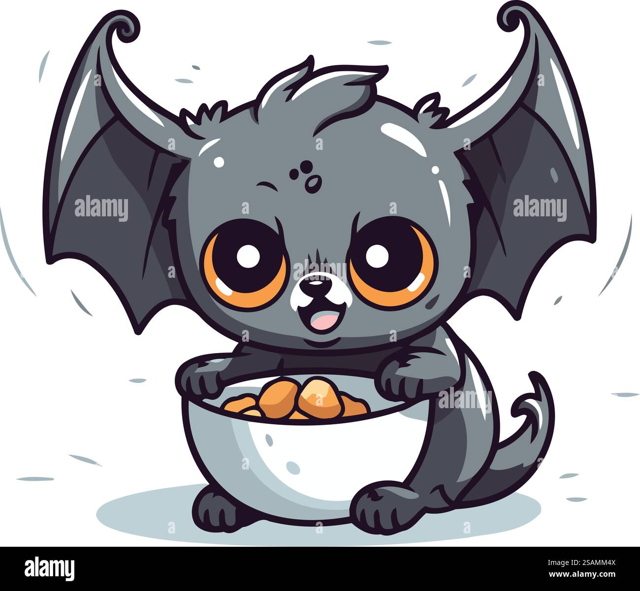 Cute cartoon bat holding a bowl full of food. Vector illustration Stock ...