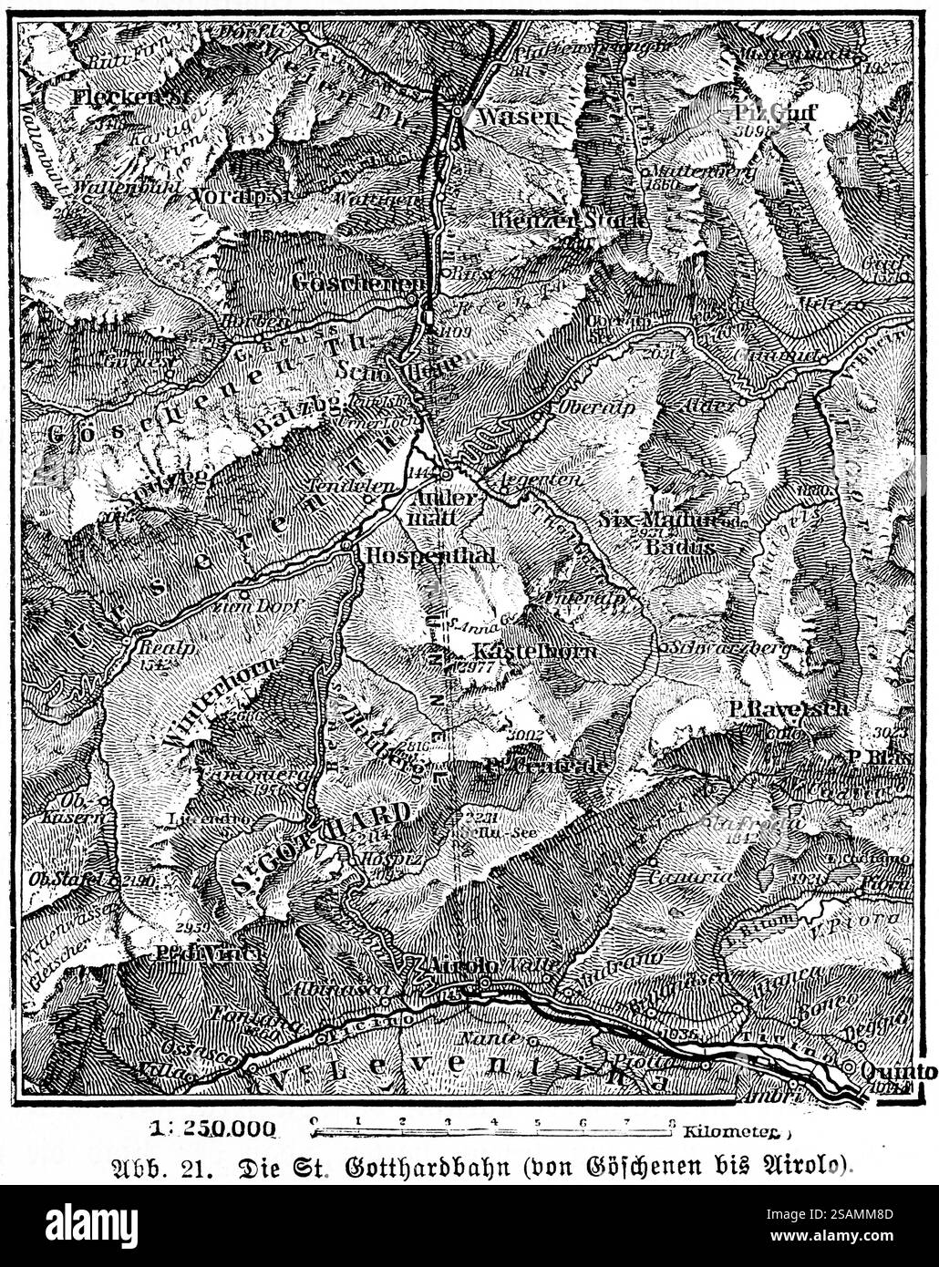 Topographic map of the St. Gotthard railway, railway tunnel, hatching ...