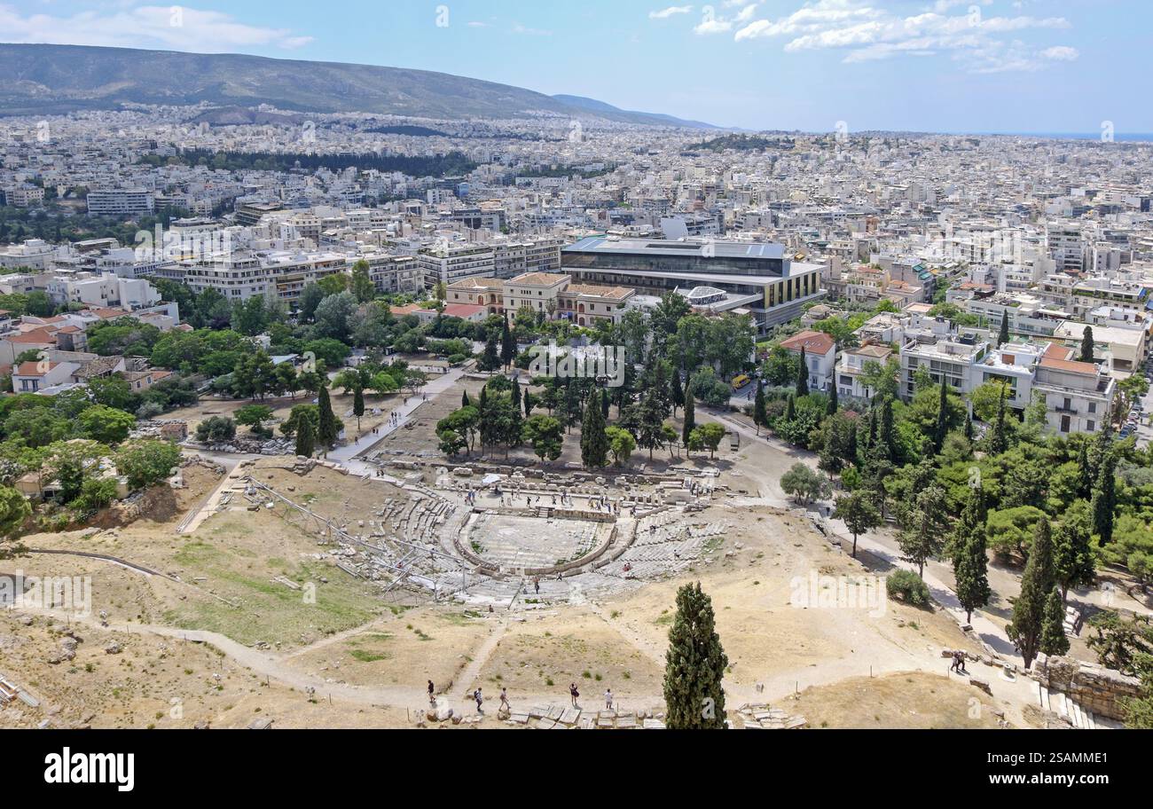 View from the Acropolis to the Theatre of Dionysus, the Acropolis Museum and Athens, Greece ...