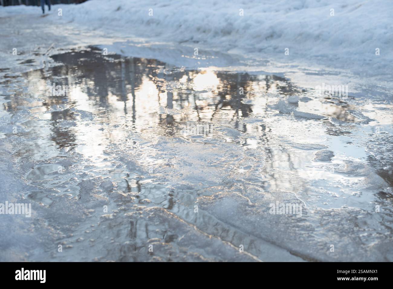 path in a city park covered with melting ice and water Stock Photo - Alamy