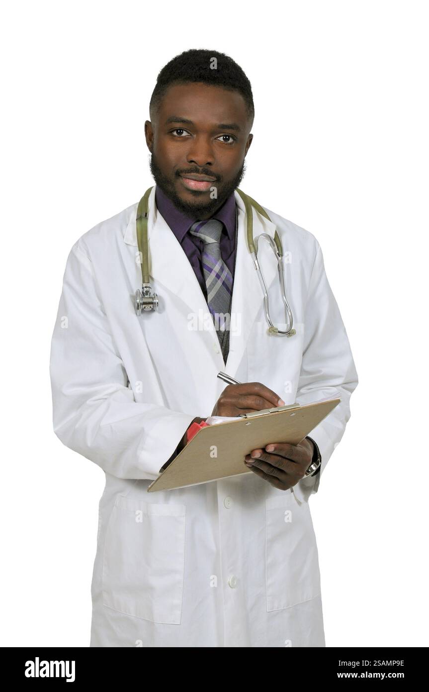 African American black man doctor holding a clipboard with a patient ...