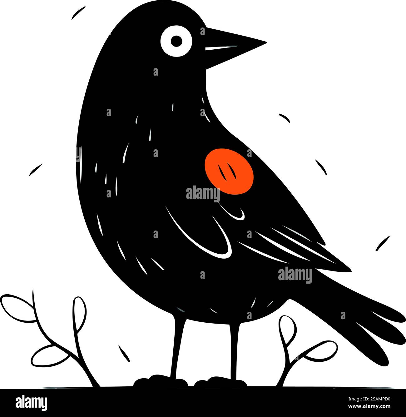 Cute black bird with orange eyes. Hand drawn vector illustration in ...