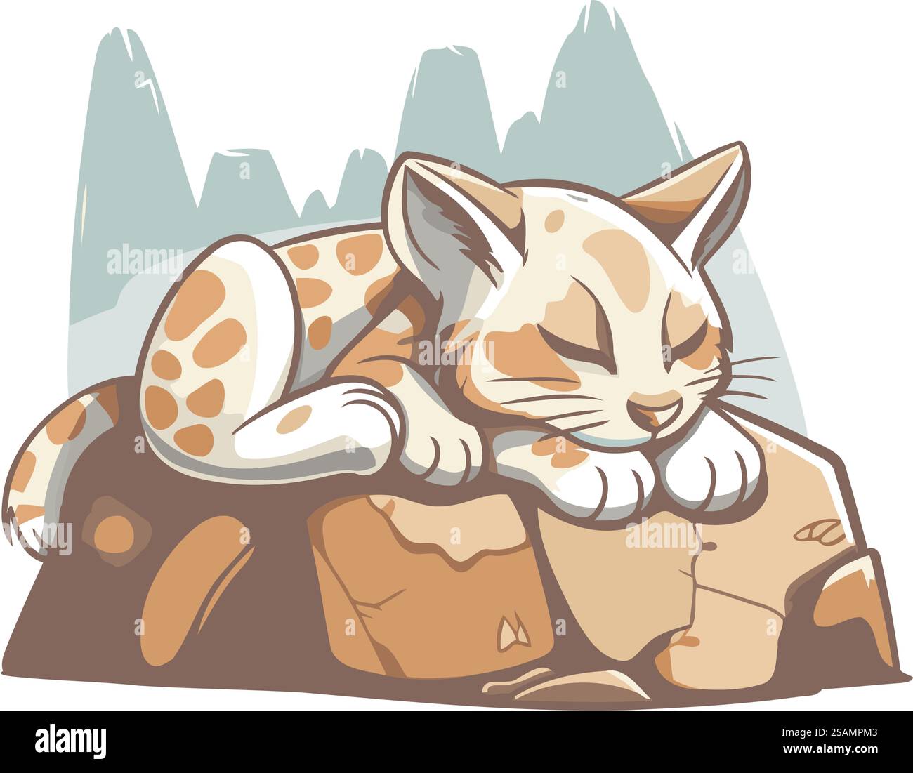 Cute cartoon wild cat sleeping on the rock. Vector illustration Stock ...