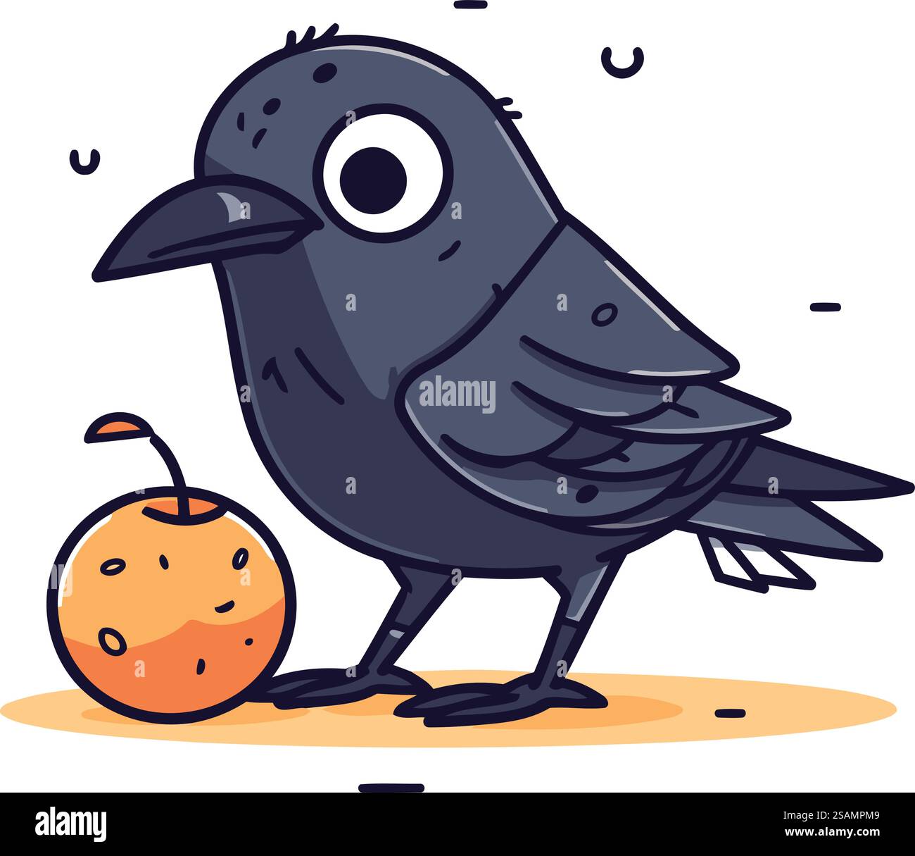 Cute black crow with apple. Vector illustration in cartoon style Stock ...