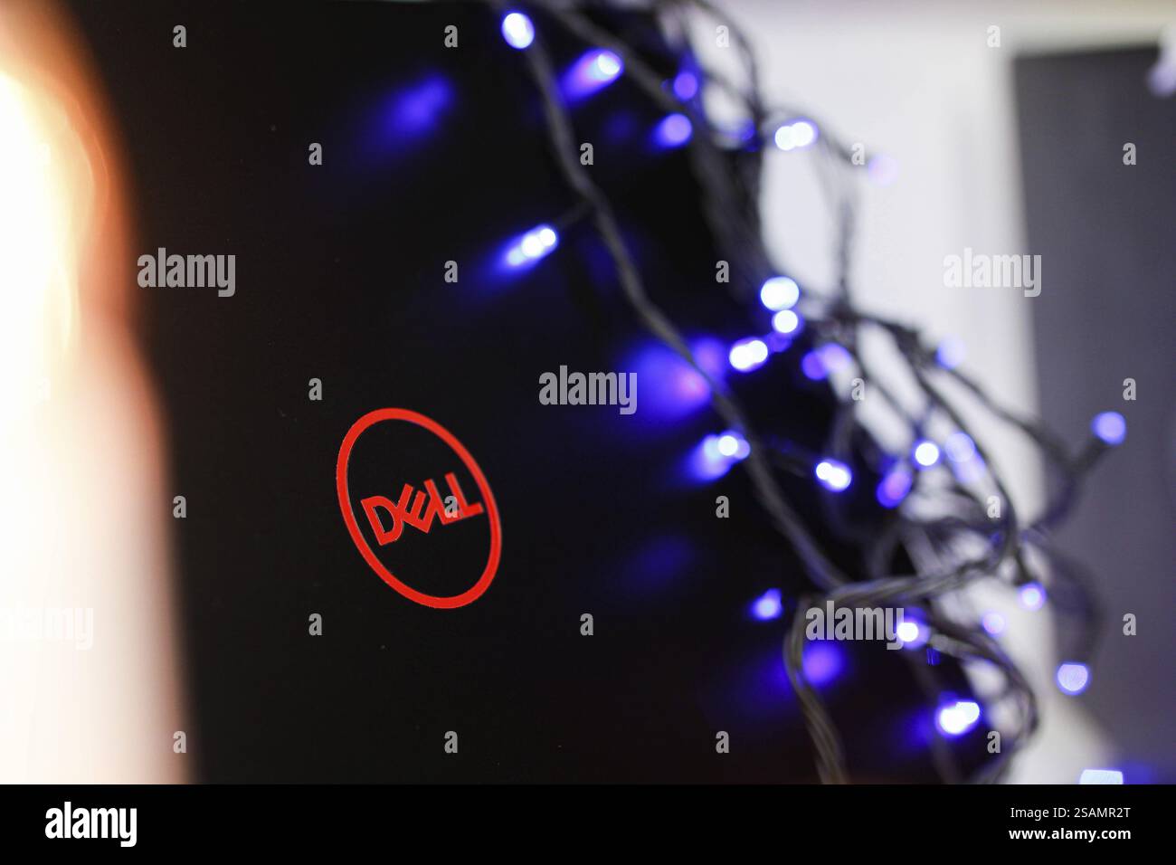 Dell logo on a black background framed by purple glowing lights Stock ...