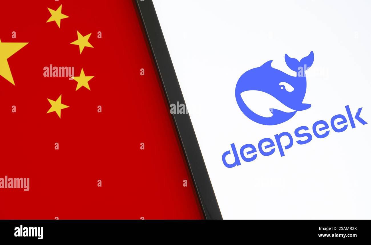 Deepseek logo is displayed on iPad and China flag in the background ...