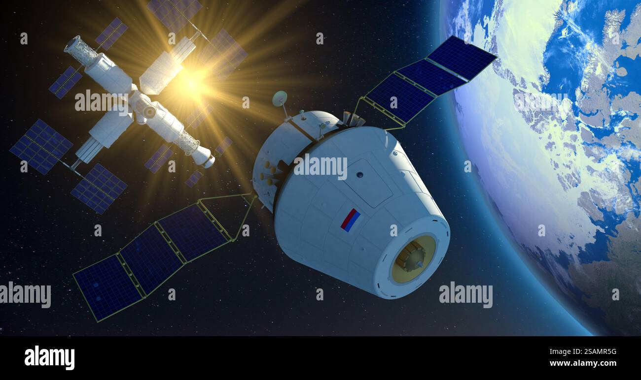 3D model of the Orel reusable crewed spacecraft moving away from the ...