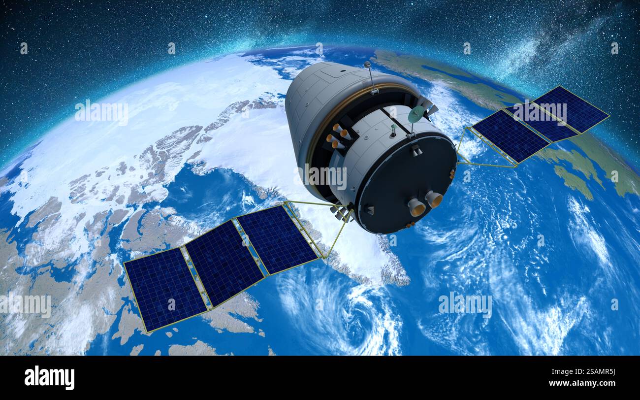 3D model of the Russian Orel reusable crewed spacecraft orbiting planet Earth against a galaxy ...