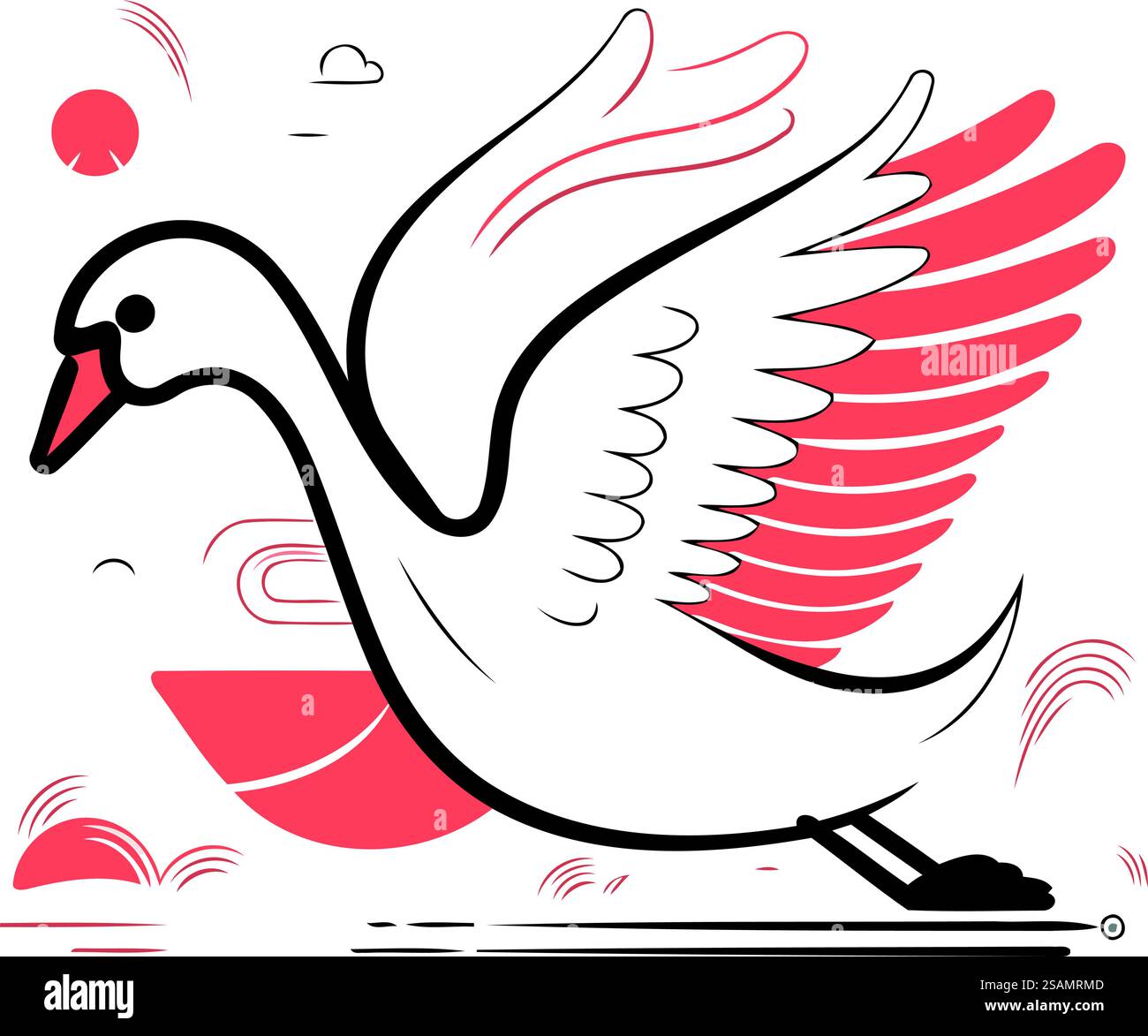 Vector illustration of white swan flying in the sky on a white ...