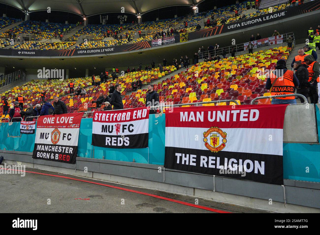 Bucharest, Romania. 30th Jan, 2025. Manchester United Flags during the ...