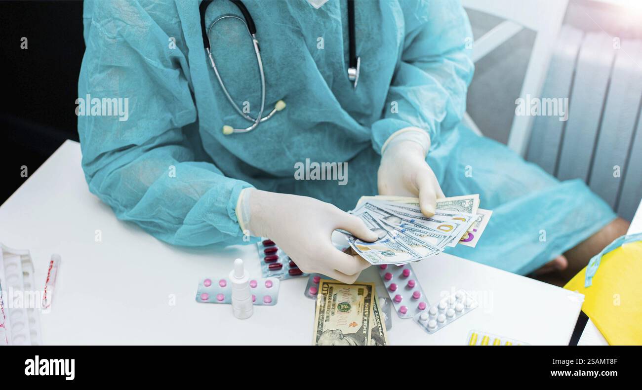 Medical professional counts money with various medications, depicting ...