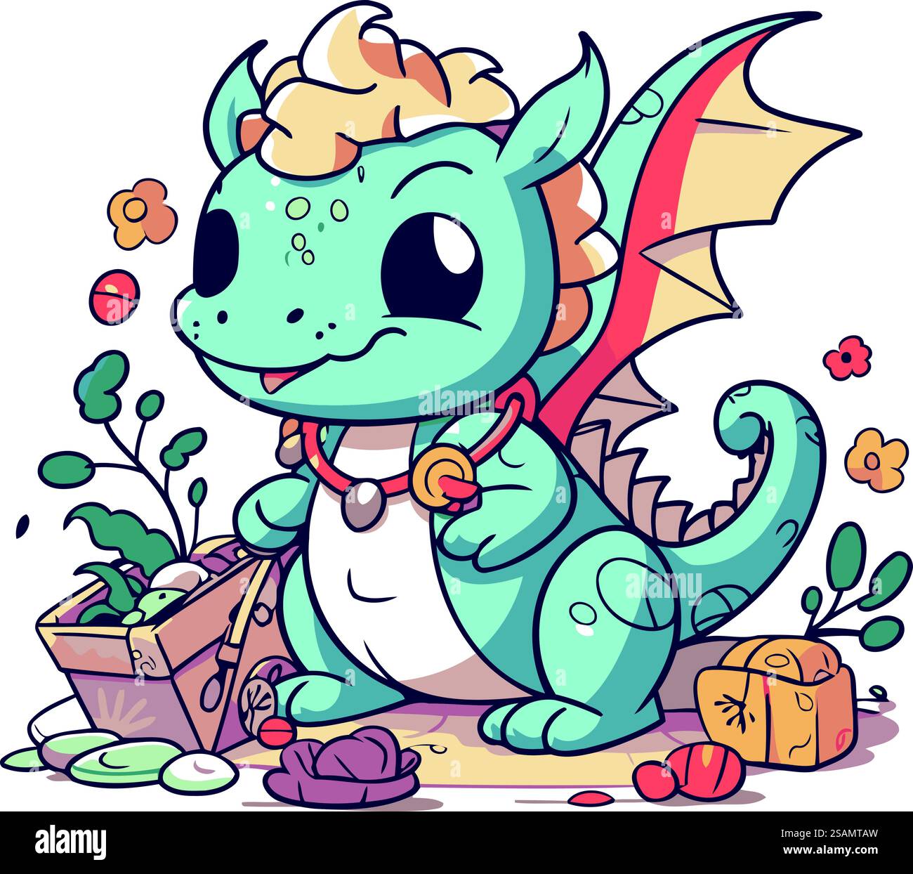 Cute dragon with a treasure box. Cartoon vector illustration for ...