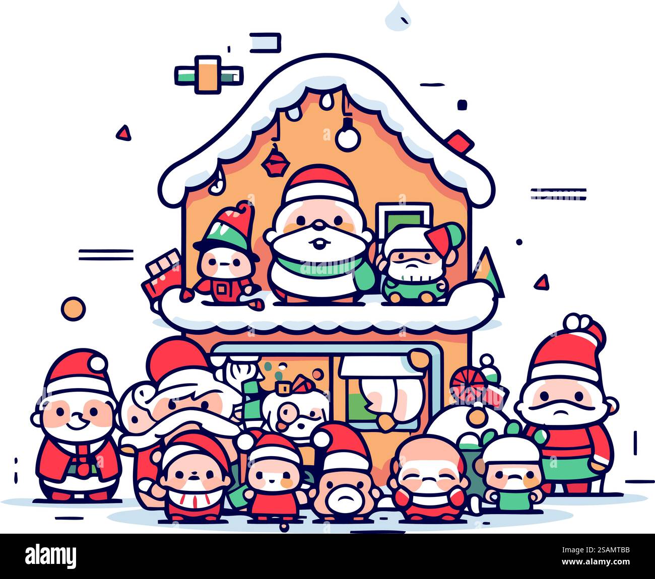Santa Claus and his family in front of the house. Vector illustration ...