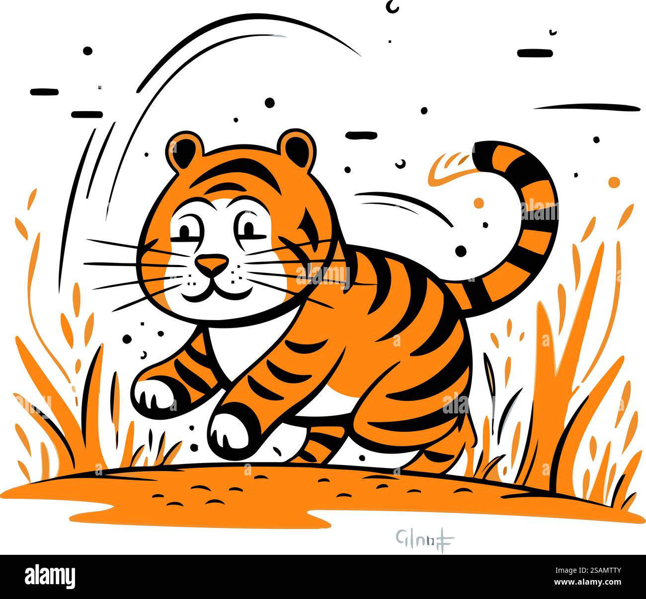 Vector illustration of a tiger running in the field. Cute cartoon ...