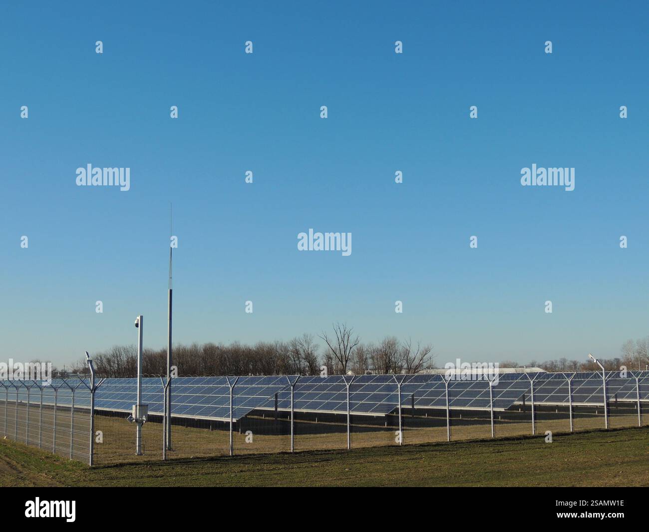 solar panels in agricultural field behind lattice fence with ...
