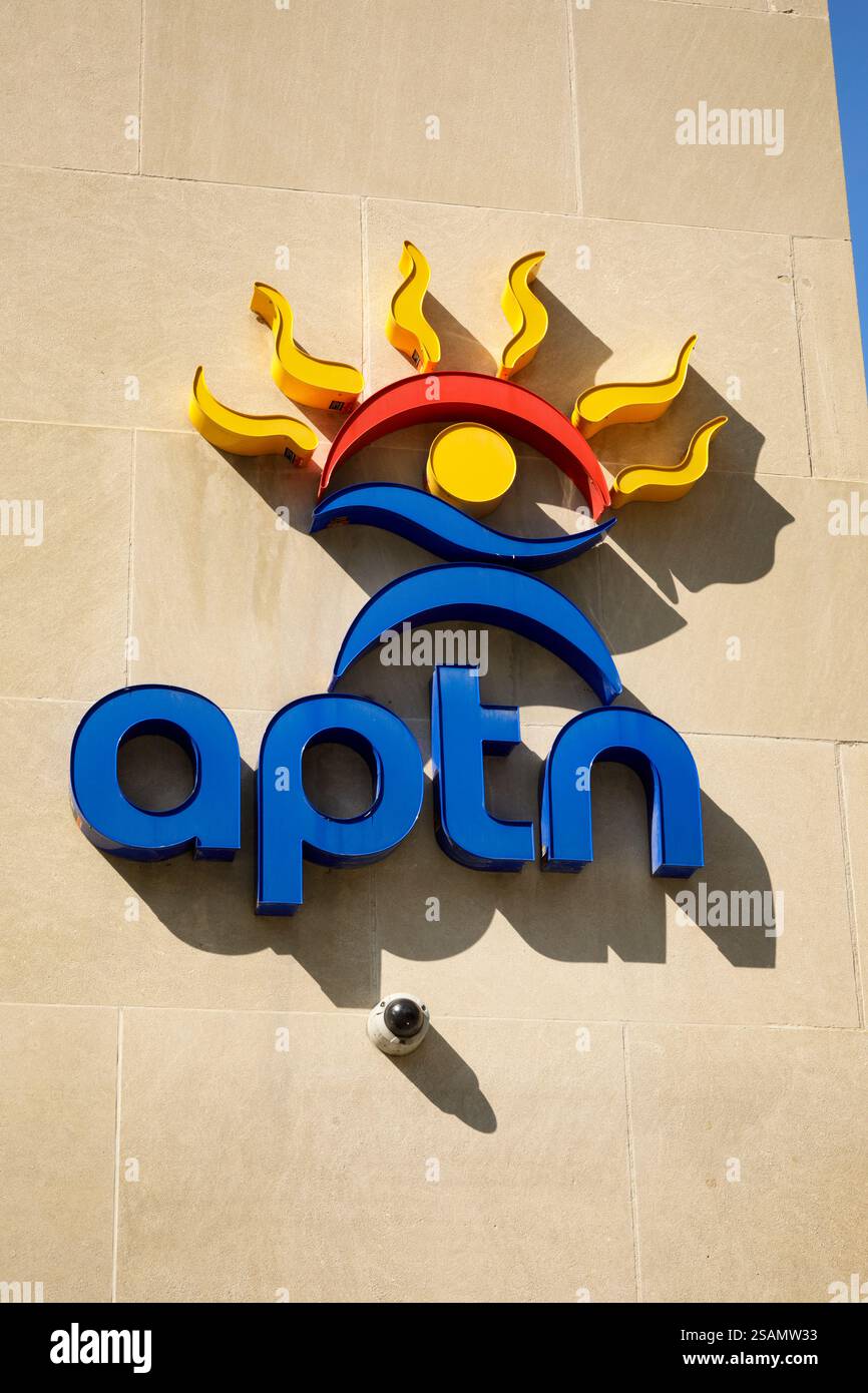 The Aboriginal Peoples Television Network APTN logo in Winnipeg, Manitoba, Canada Stock Photo ...
