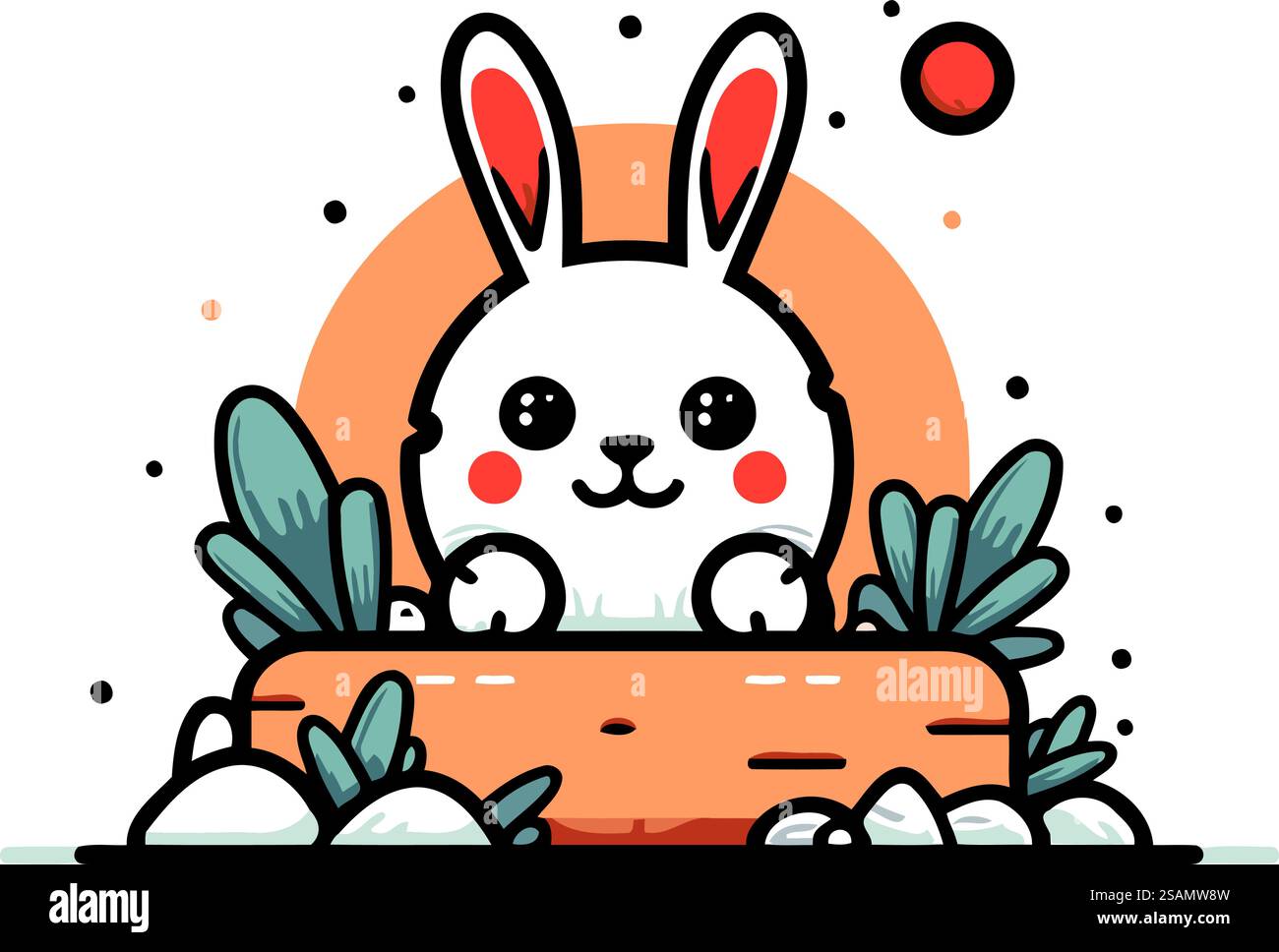 Cute rabbit in the garden. Vector illustration in flat style Stock ...