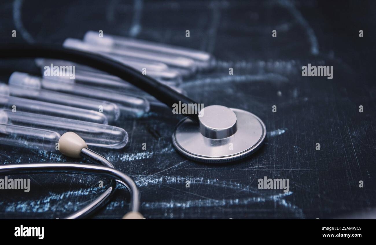 Close-up of a stethoscope and test tubes on chalkboard Stock Photo - Alamy
