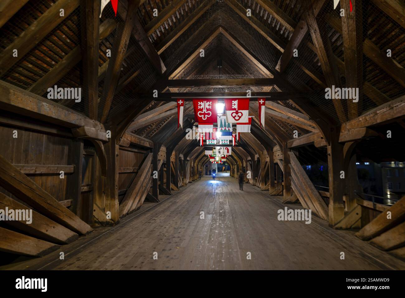 Inside the Old Historical Covered Wood Bridge Holzbruecke with Flags ...
