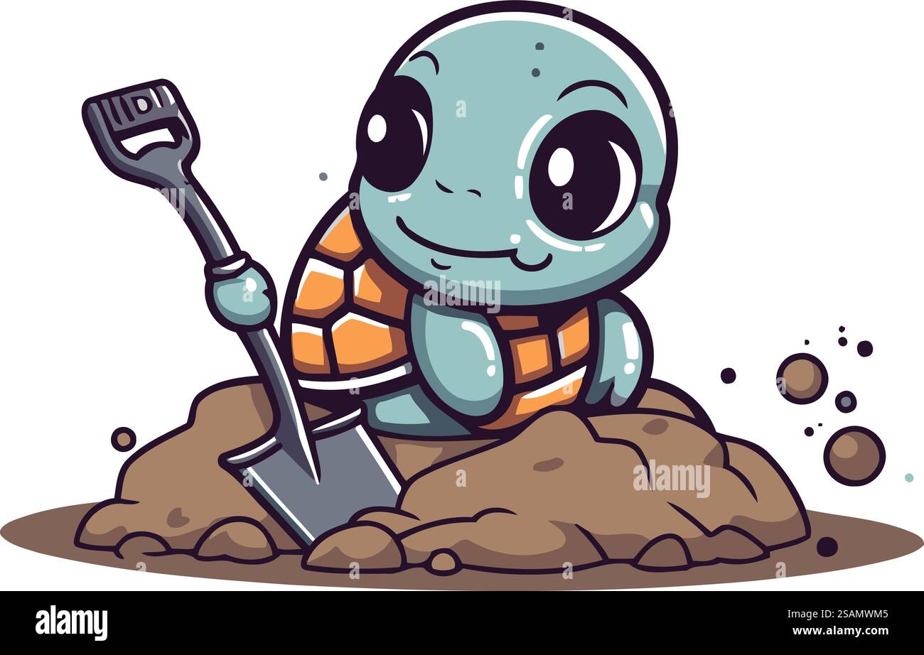 Cute turtle with shovel. Vector illustration on a white background ...