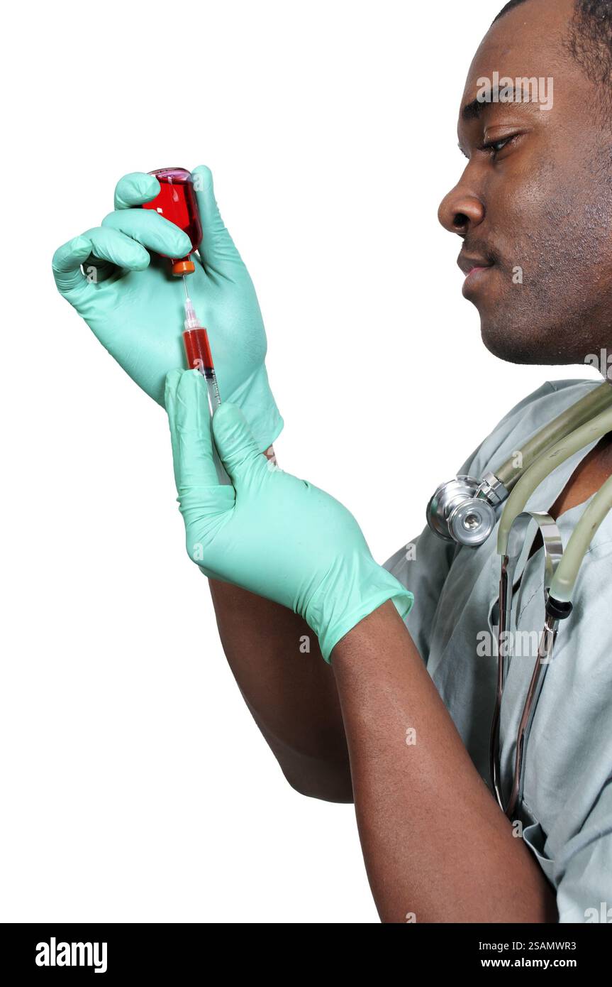 Black African American medical doctor preparing an injection in a ...