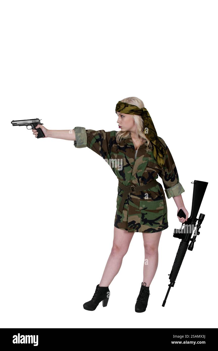 Beautiful young woman soldier with a M16 rifle and a pistol Stock Photo ...