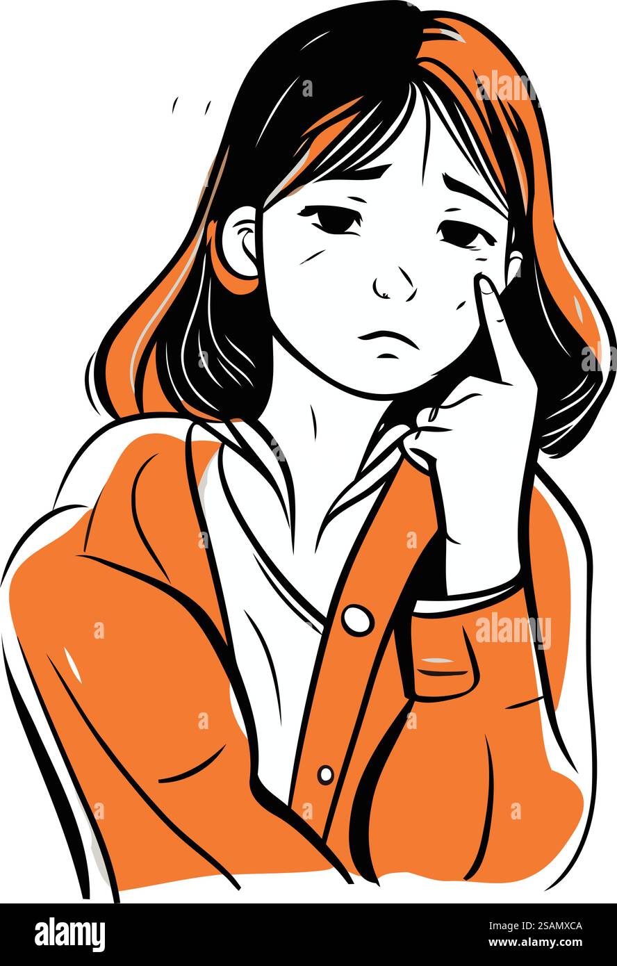Sad woman in orange jacket. Vector illustration. isolated on white ...