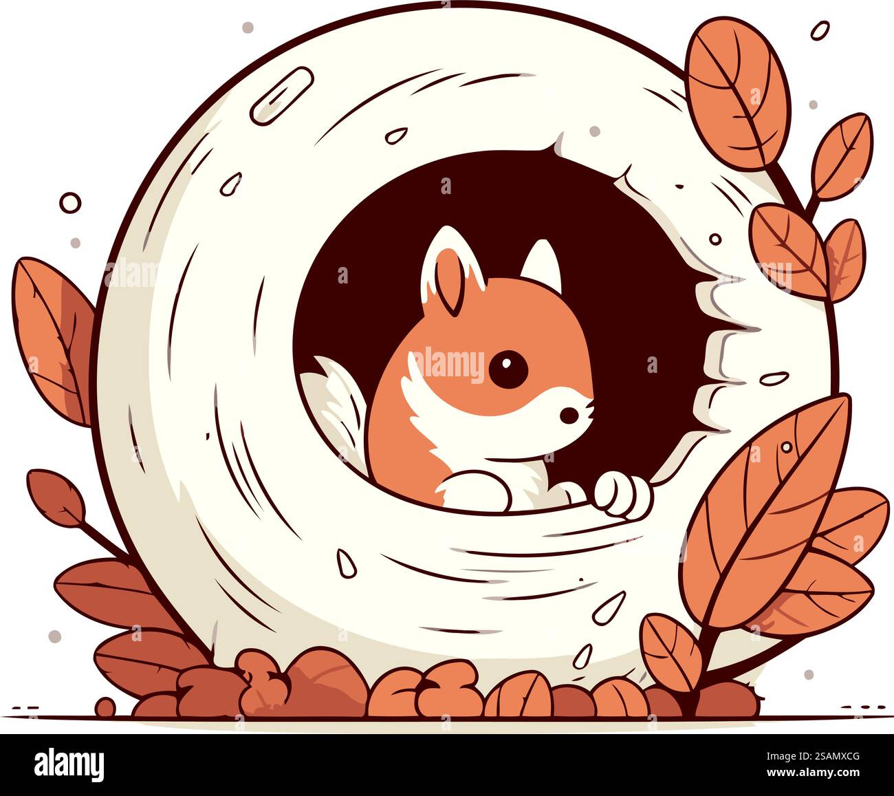 Cute cartoon fox in a round hole. Vector illustration on white ...