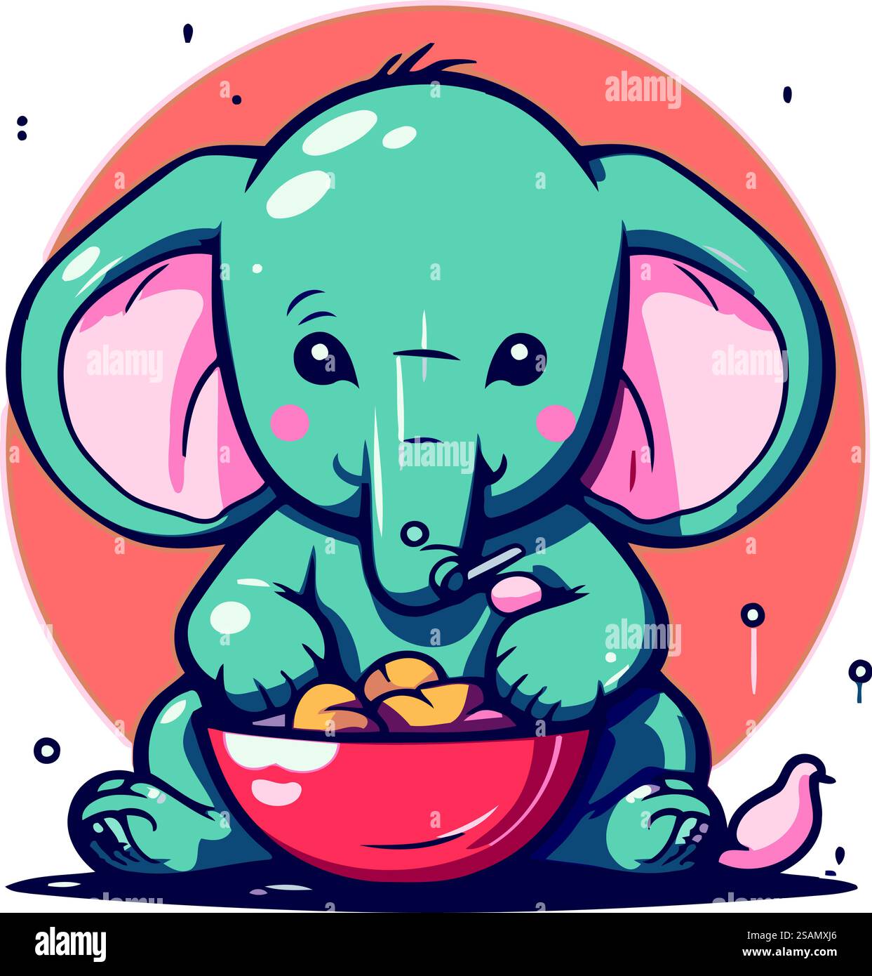 Cute cartoon elephant eating a bowl of cereals. Vector illustration ...