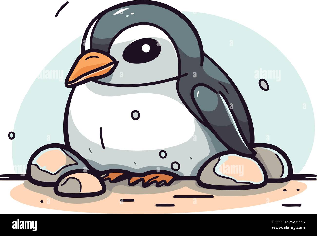 Cute penguin sitting on the ground. Vector cartoon illustration Stock ...