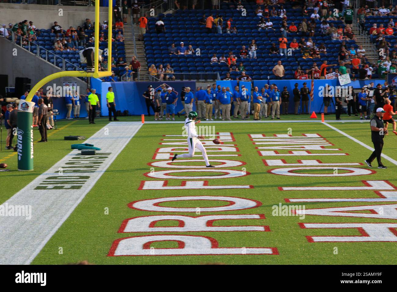 Canton, Ohio, USA - 3 August 2023: A Punter is warming up in the end ...