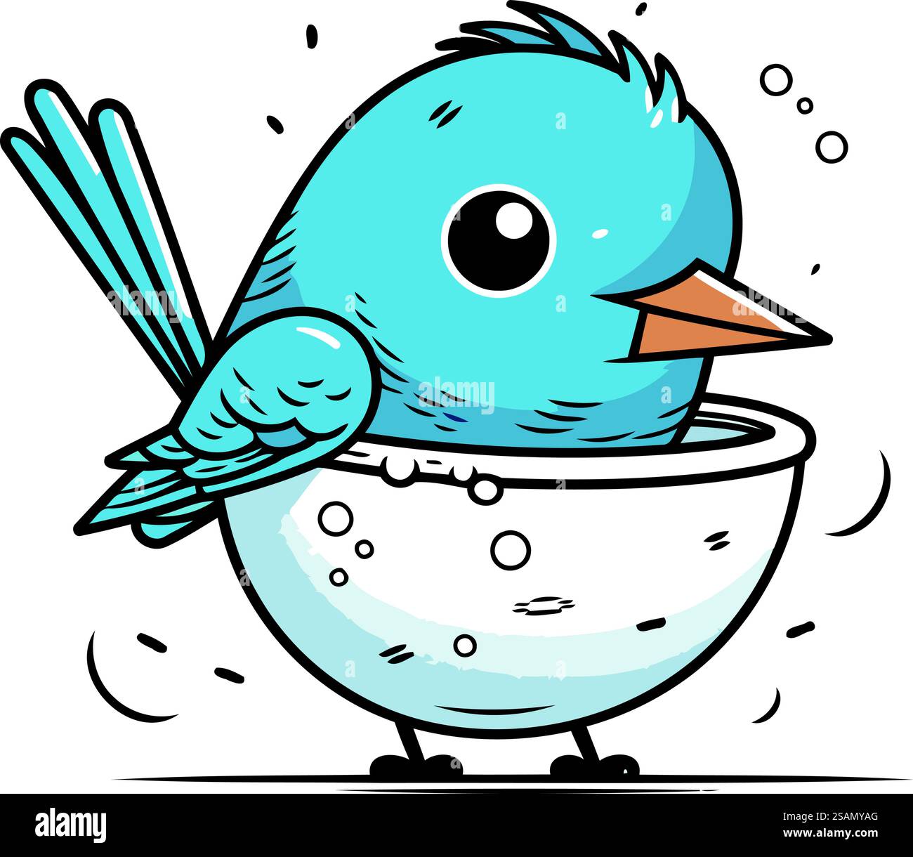 Cute cartoon blue bird in a bowl of water. Vector illustration Stock ...