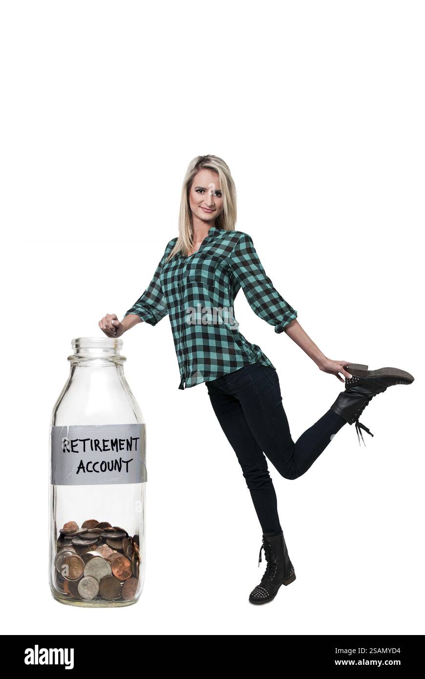Woman with a milk bottle retirement account Stock Photo - Alamy