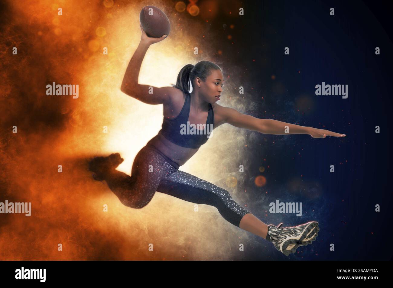 Beautiful young woman quarterback while throwing a football Stock Photo ...