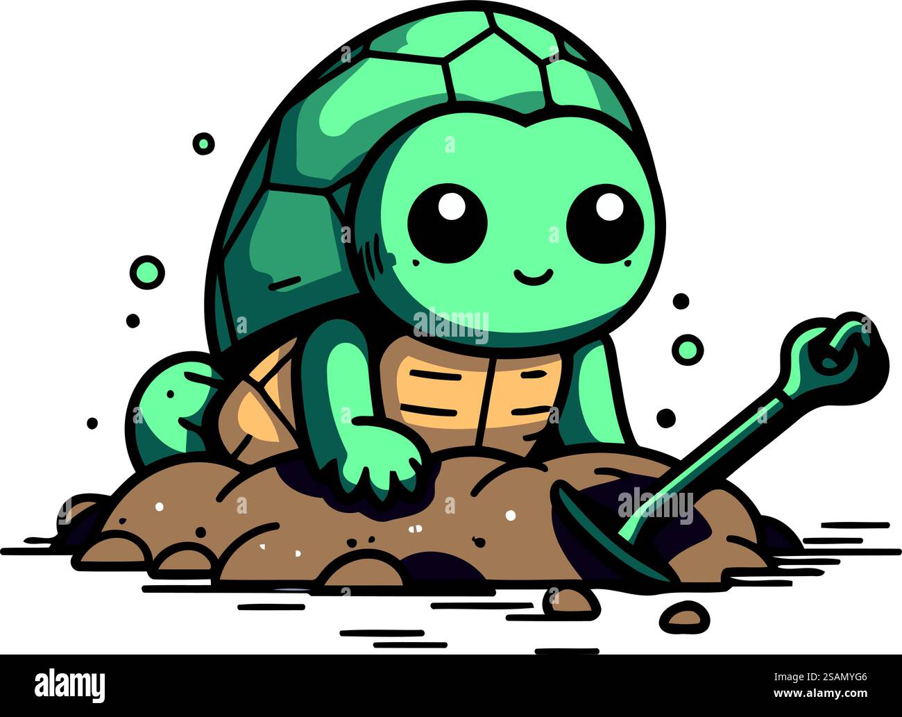 Cute cartoon turtle with a shovel. Vector illustration on white ...