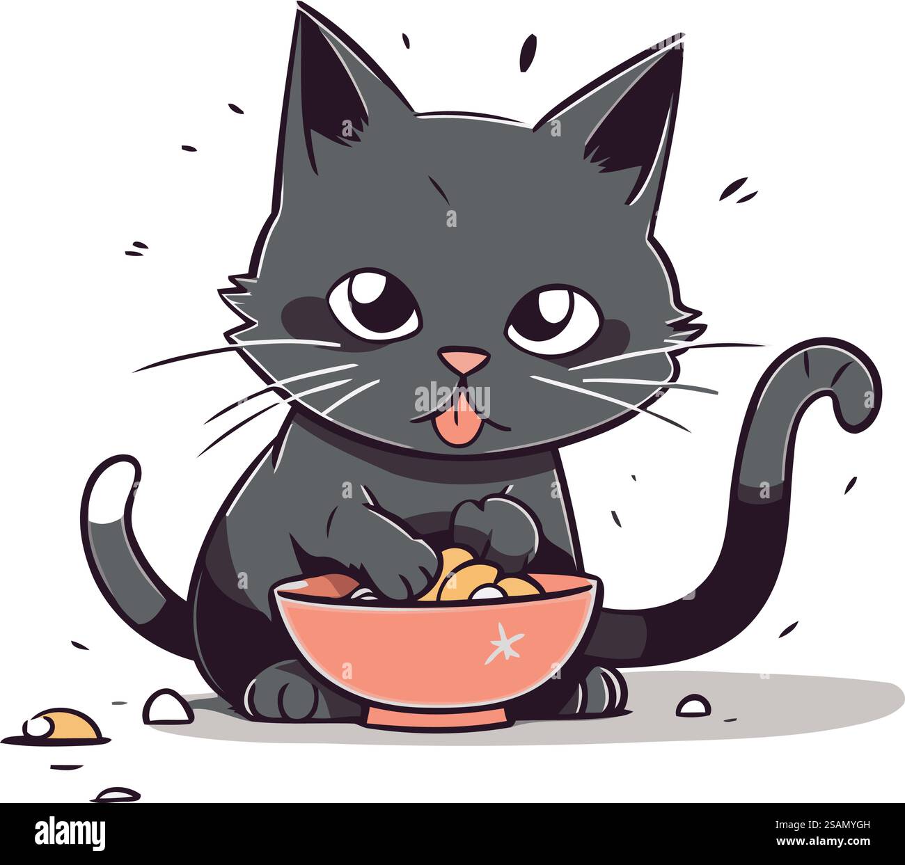 Cute cartoon black cat eating food from bowl. Vector illustration Stock ...