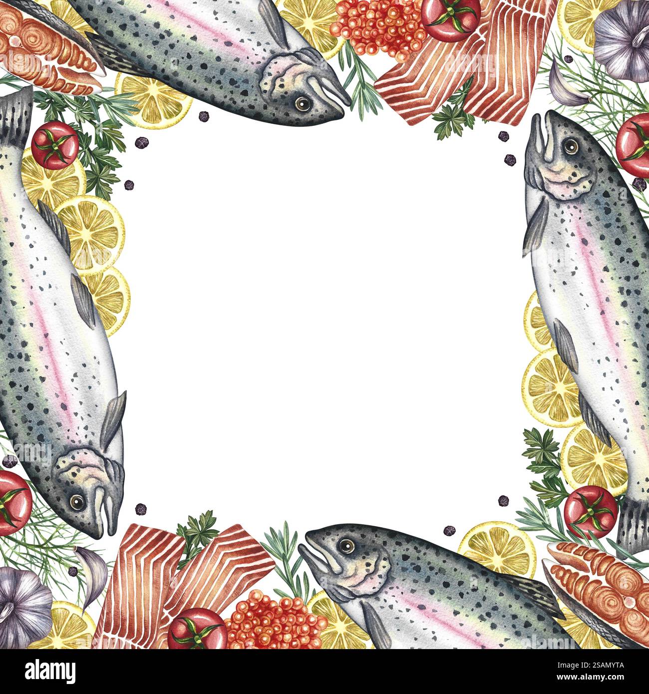 A frame with trout, whole and sliced, with vegetables. A hand-drawn ...