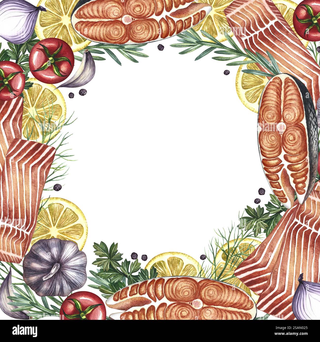 A frame with a picture of a fillet of red fish with vegetables. A hand ...