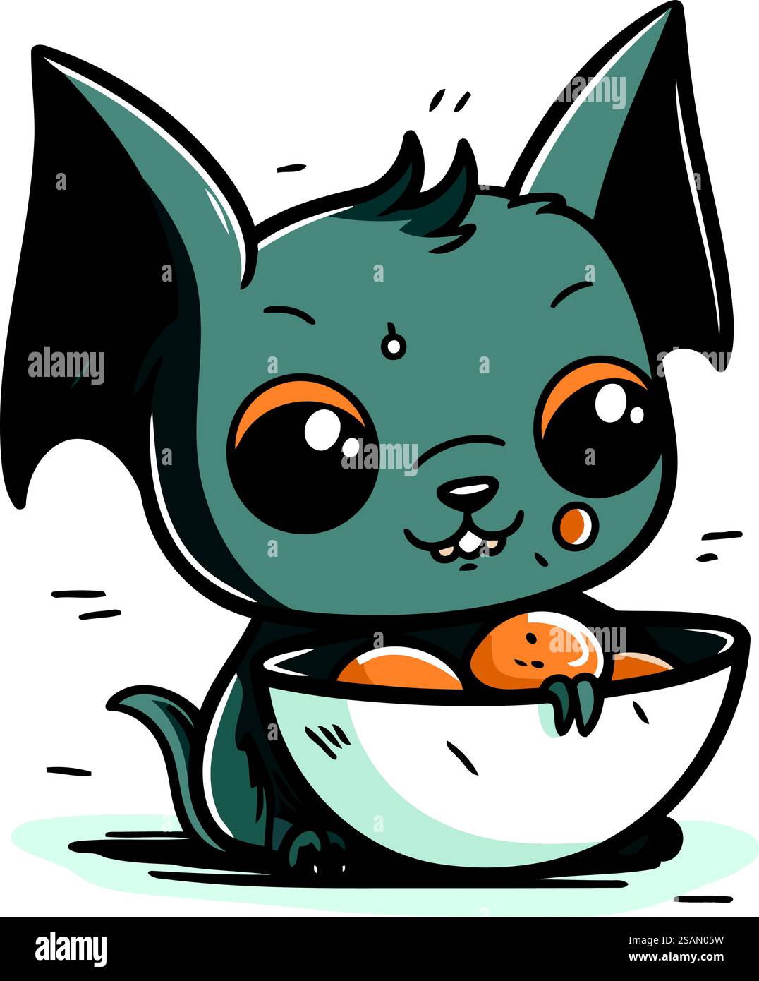 Cute cartoon black cat eating carrot in bowl. Vector illustration Stock ...