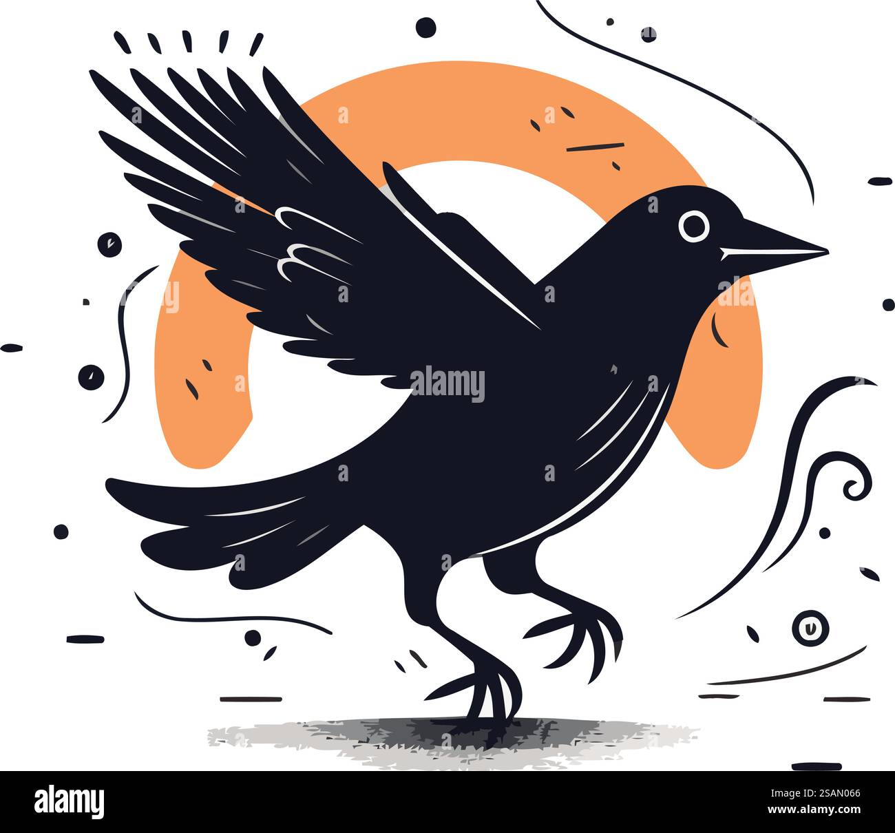 Vector illustration of a black crow on a white background with an ...