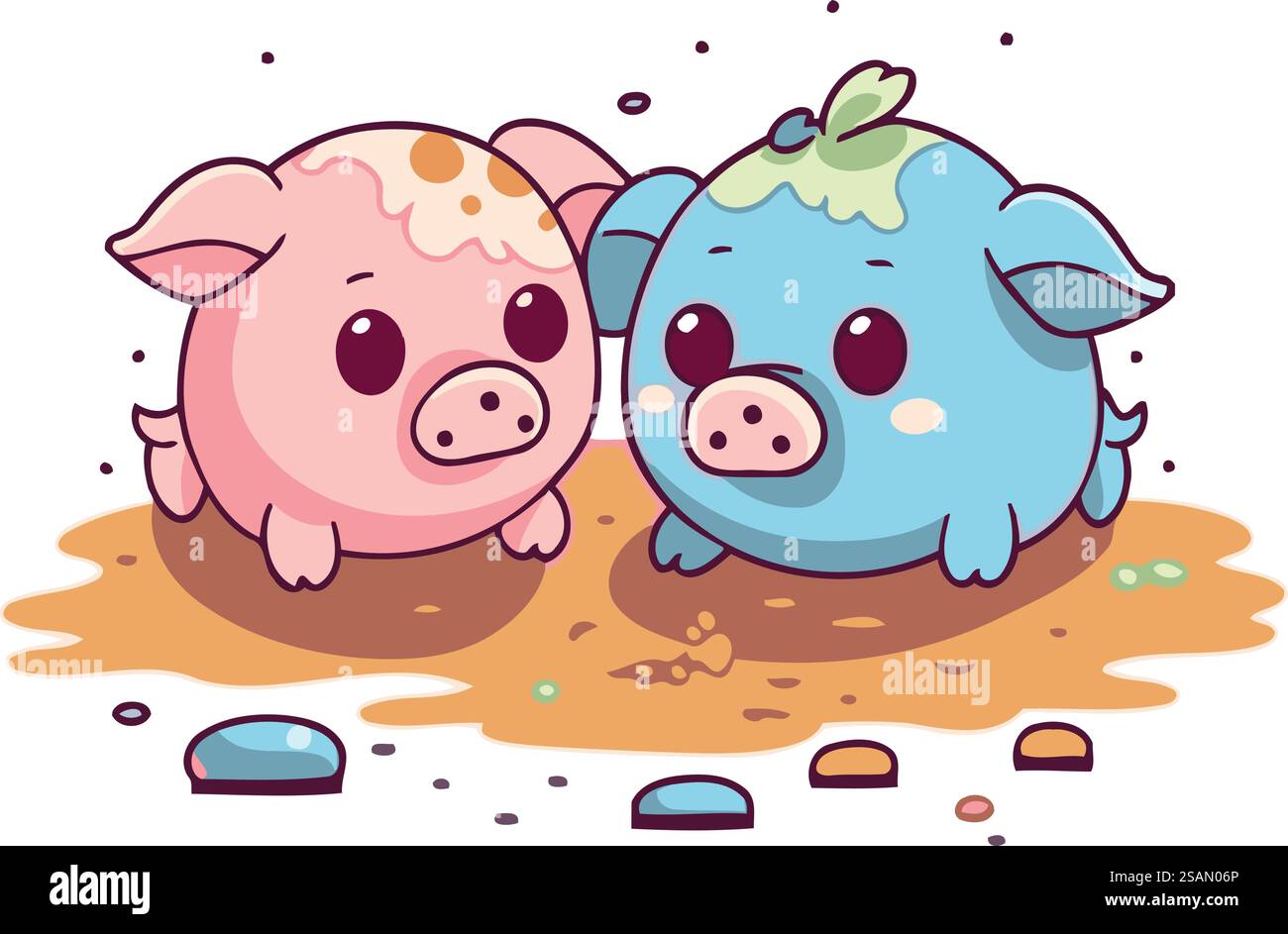 Cute piggy and pig in the mud. Vector illustration Stock Vector Image ...