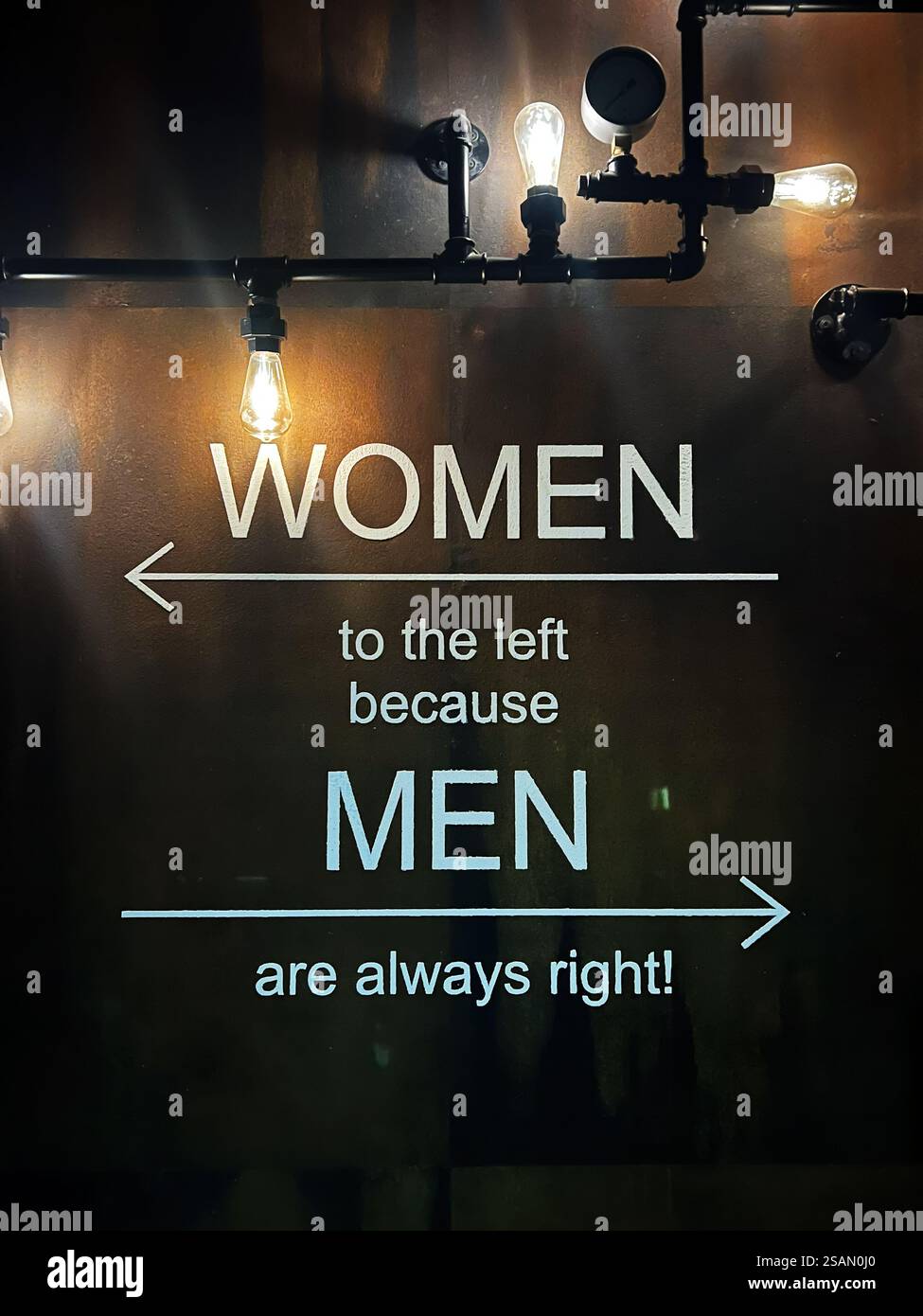 Wall sign humorously indicating restroom directions with witty gender ...