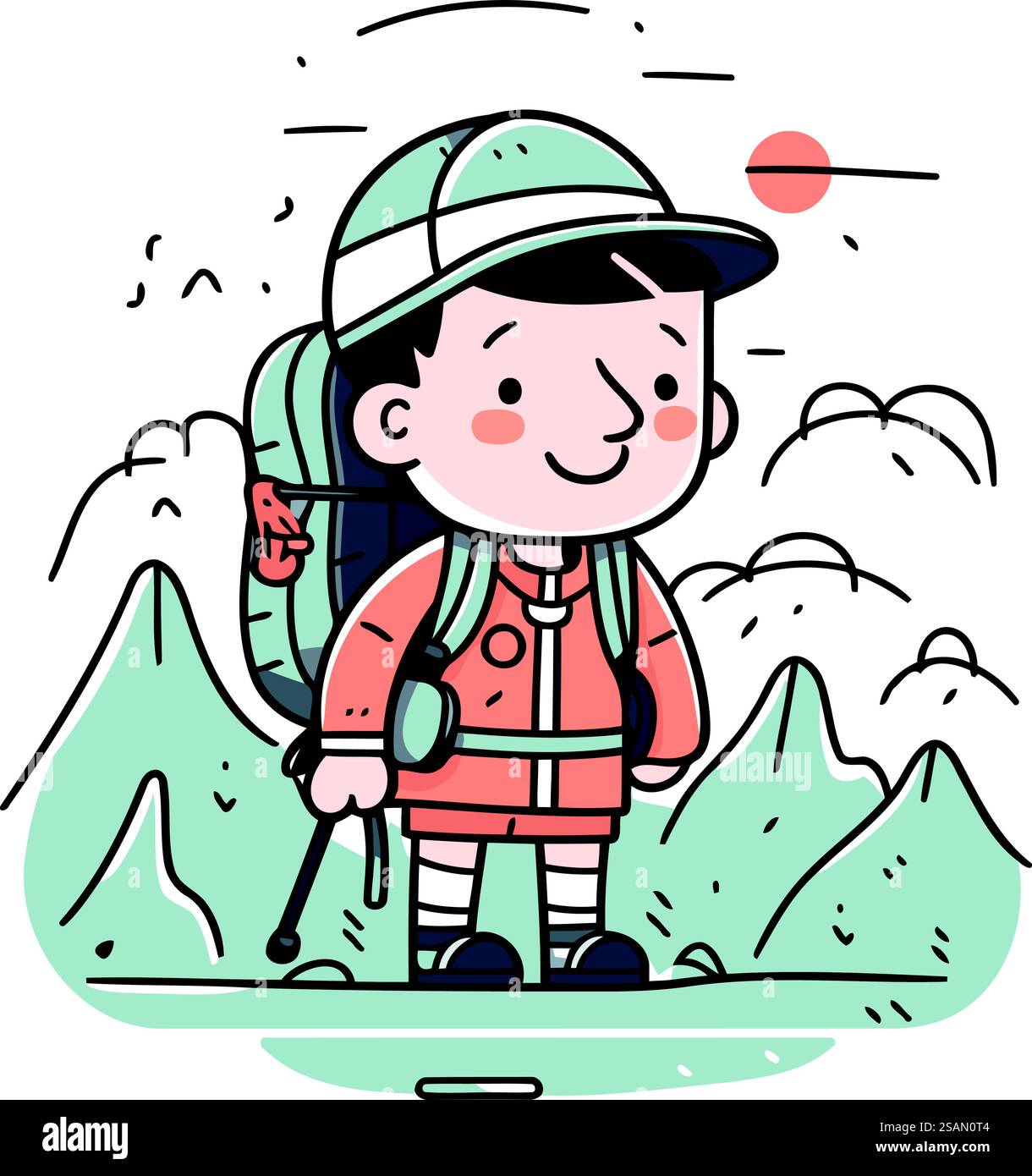 Cute boy with backpack hiking in mountains. Vector cartoon illustration ...