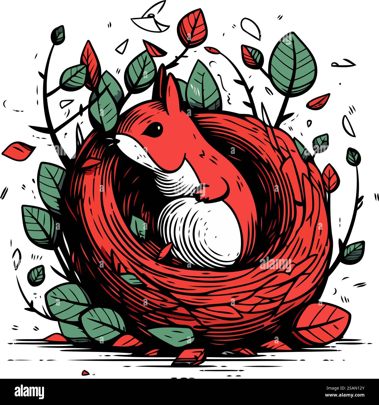 Hand drawn vector illustration of a squirrel in a nest of leaves Stock ...