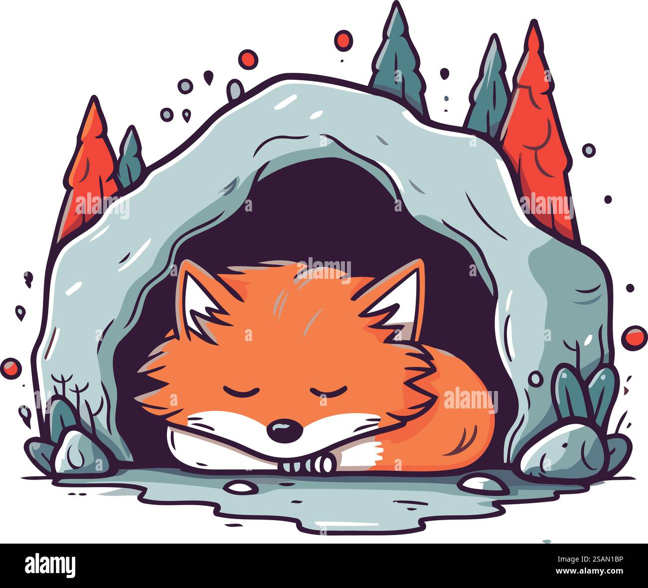Cute fox sleeping in a cave. Vector illustration in cartoon style Stock ...