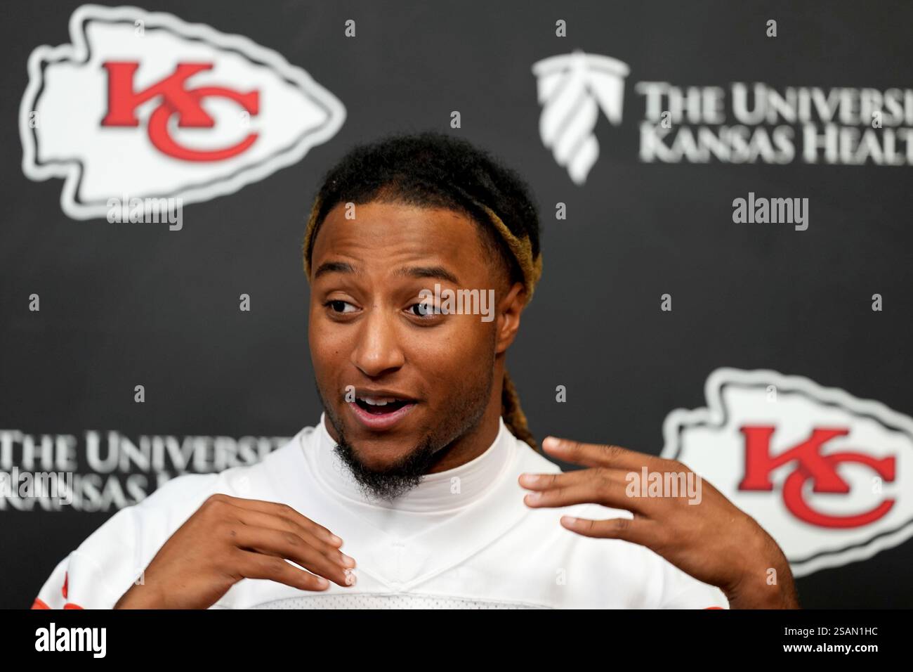 Kansas City Chiefs safety Justin Reid addresses the media before NFL ...