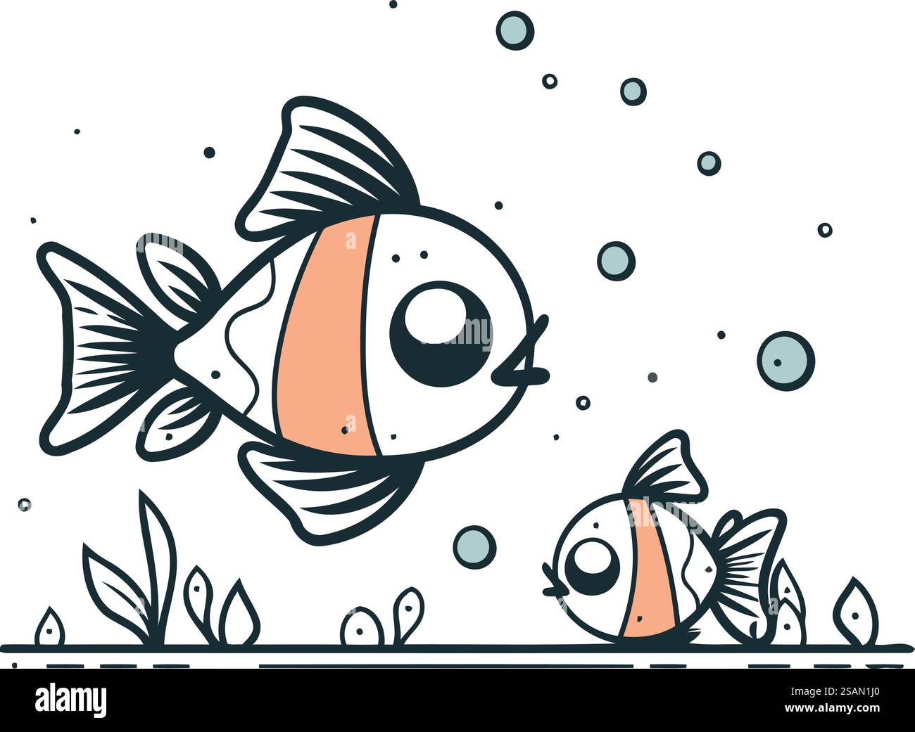 Cute cartoon fish swimming in the sea. Vector illustration in linear ...