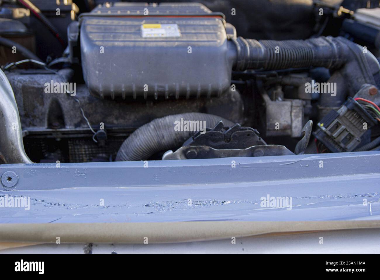 Interior car compartment view showing engine and mechanical parts Stock ...