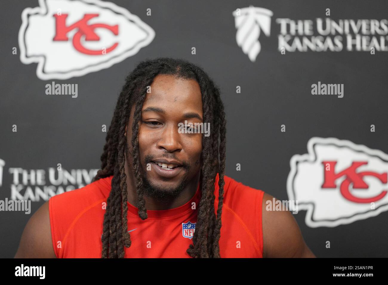 Kansas City Chiefs running back Kareem Hunt addresses the media before ...