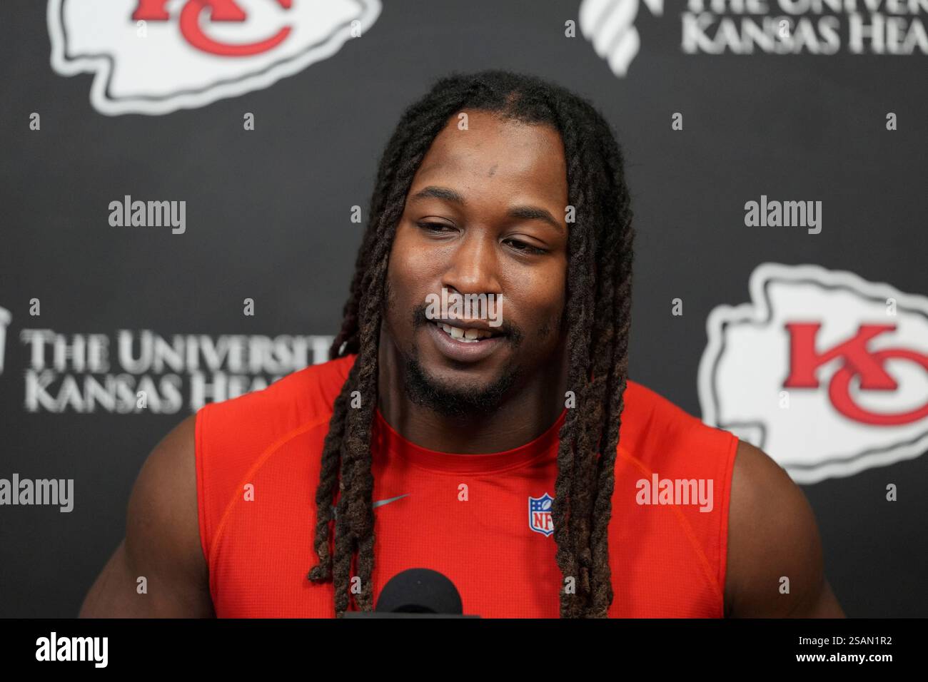 Kansas City Chiefs running back Kareem Hunt addresses the media before ...